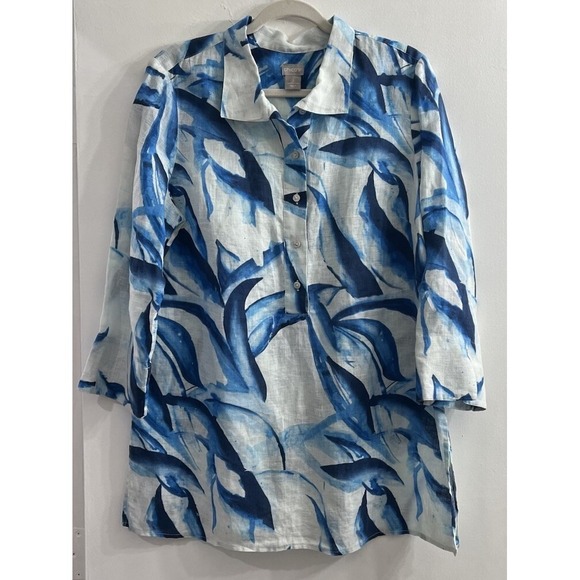 Chico's | Tops | Chicos Large 0 Linen Blue White Top Long Line Popover ...